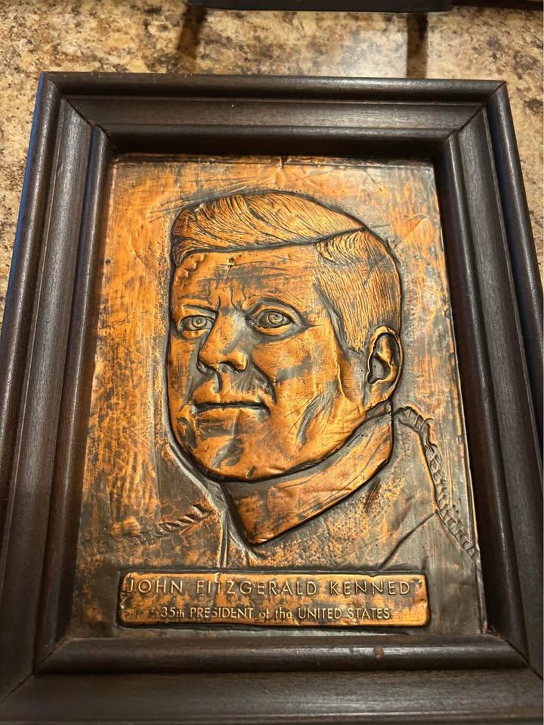Vintage JFK Copper Relief Wall Art Plaque John F Kennedy 35th President Framed Patriotic Decor ...