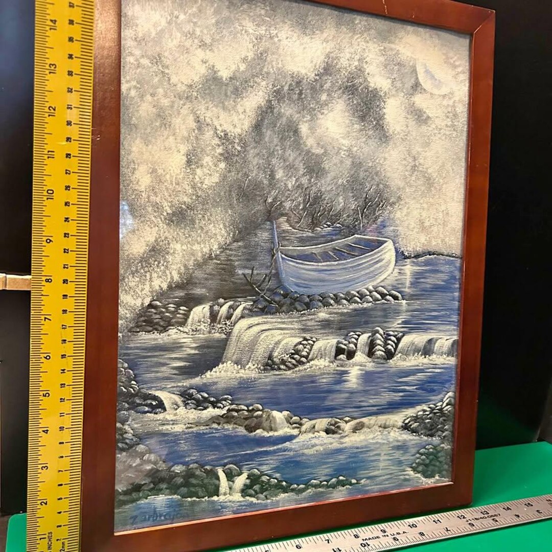 Riverboat Painting, Vintage Oil Painting, Blue Gray Waterfall Scene ...