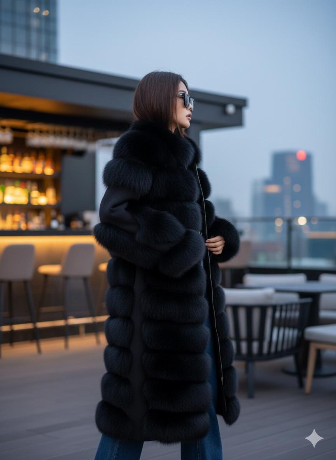 Long Black Fox Fur Jacket for Women | Black Cashmere Coat With Front ...