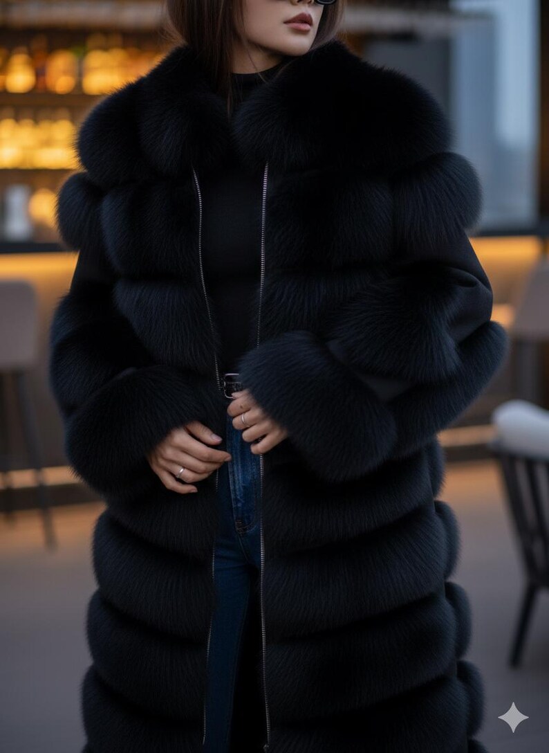 Long Black Fox Fur Jacket for Women | Black Cashmere Coat With Front ...