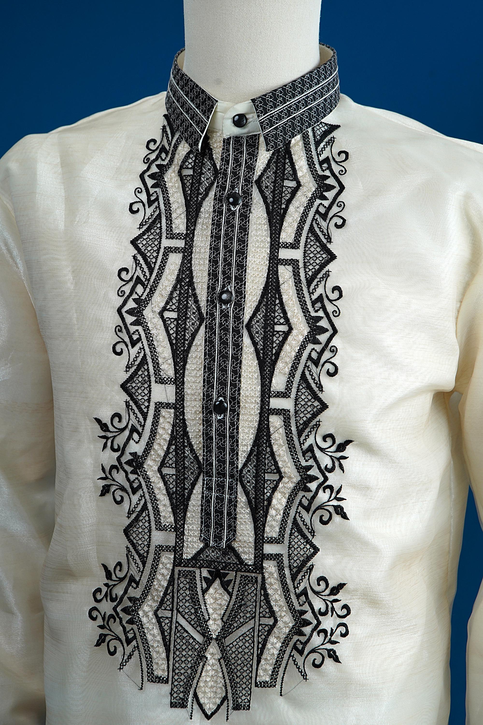 Barong Tagalog for Men | Piña Organza Sports Collar Black Embro ...