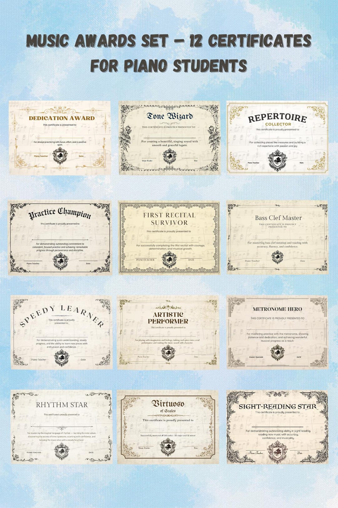 12 Printable Music Award Certificates – Piano Student Recognition – A4 ...