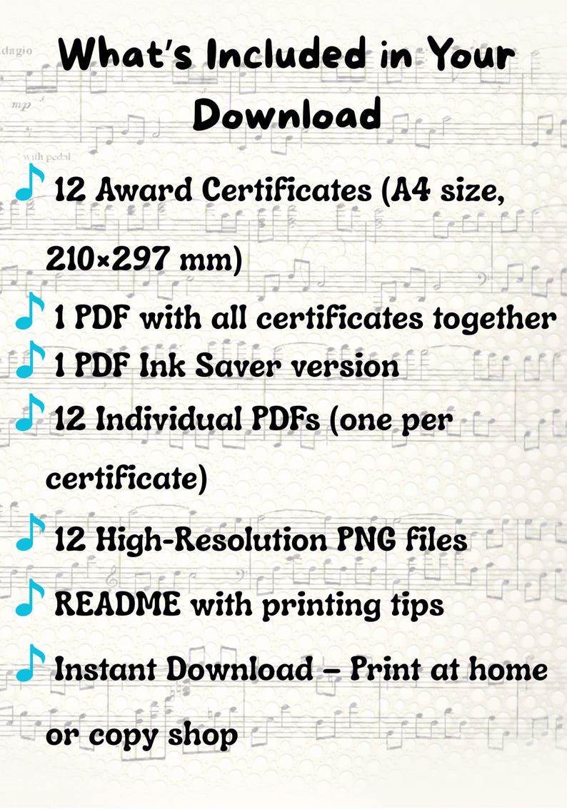 12 Printable Music Award Certificates – Piano Student Recognition – A4 ...