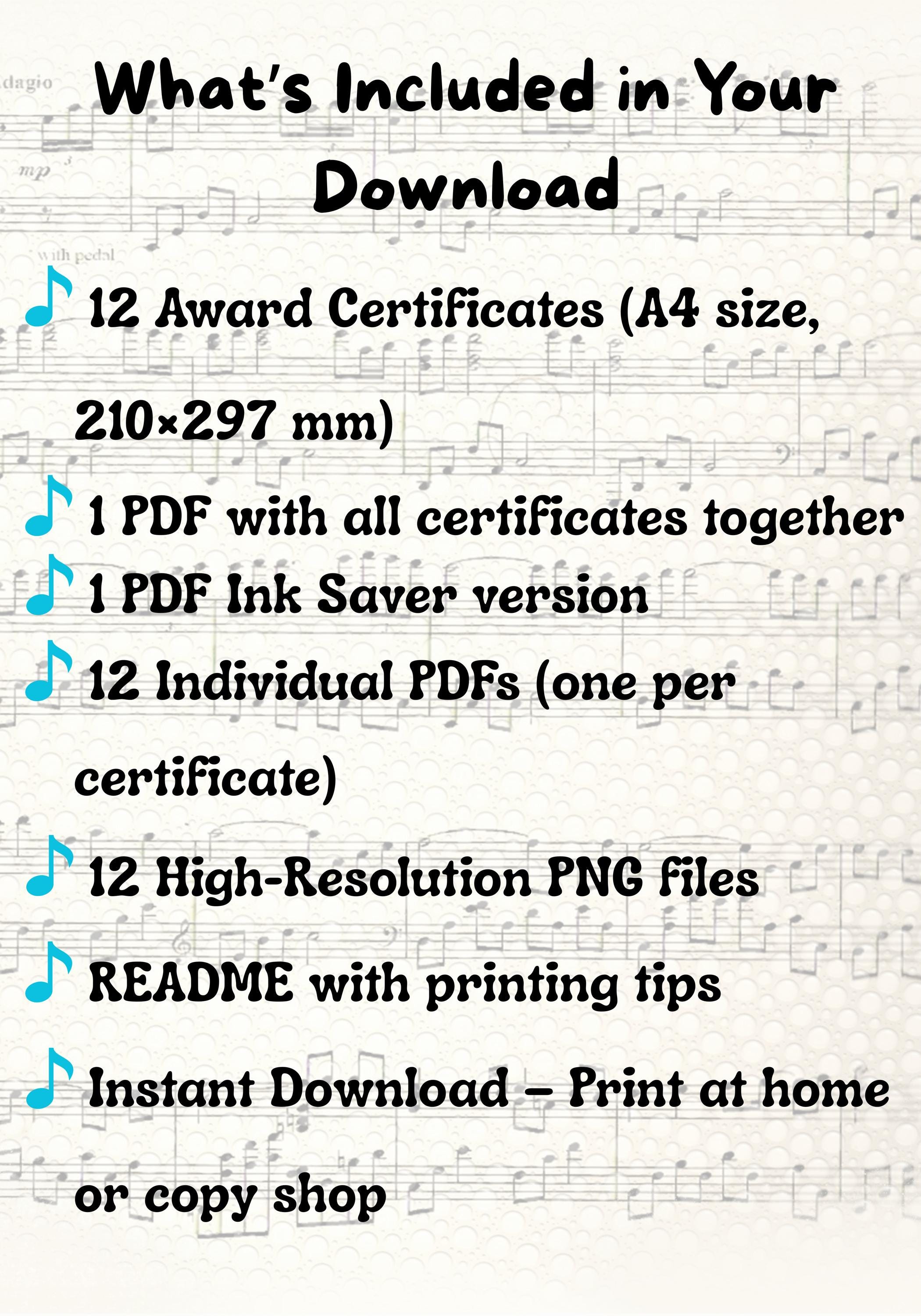 12 Printable Music Award Certificates – Piano Student Recognition – A4 ...