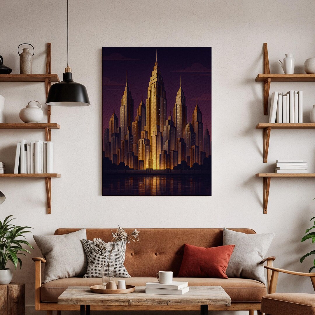 Majestic Art Deco Metropolis Canvas Print, Dark Moody Cityscape, Golden ...