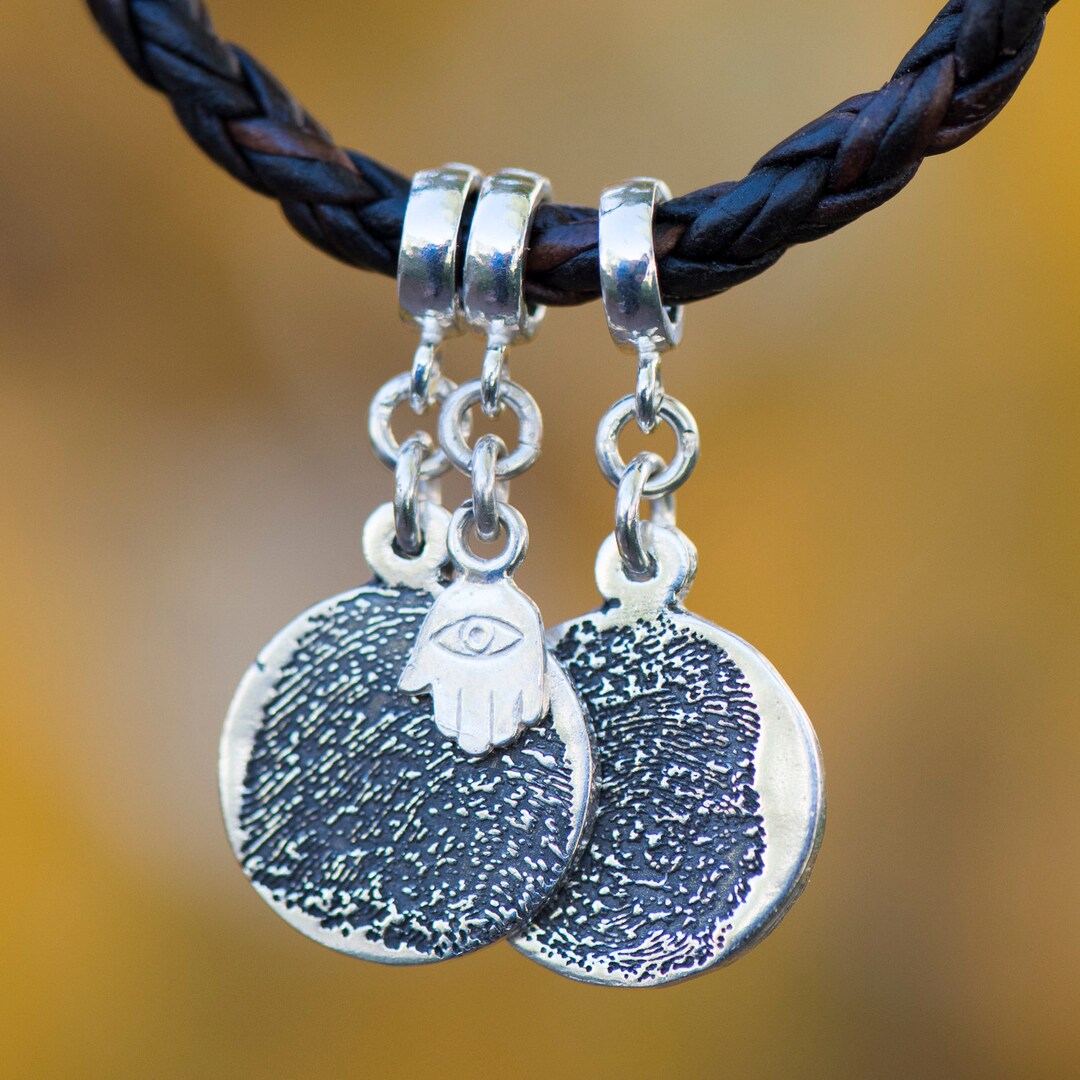Circle Fingerprint Silver Charms on Leather Bracelet. - Etsy