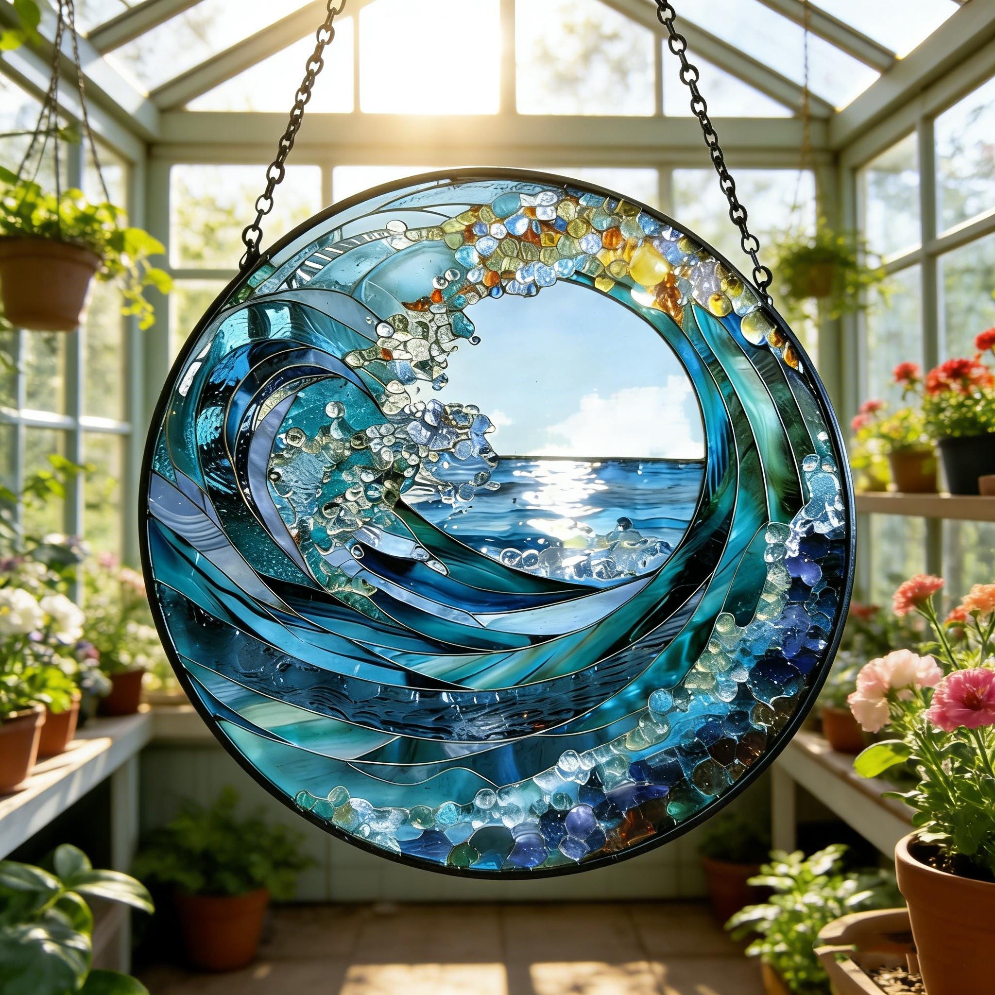 Handmade Ocean Wave Stained Glass Suncatcher, Coastal Beach Window ...