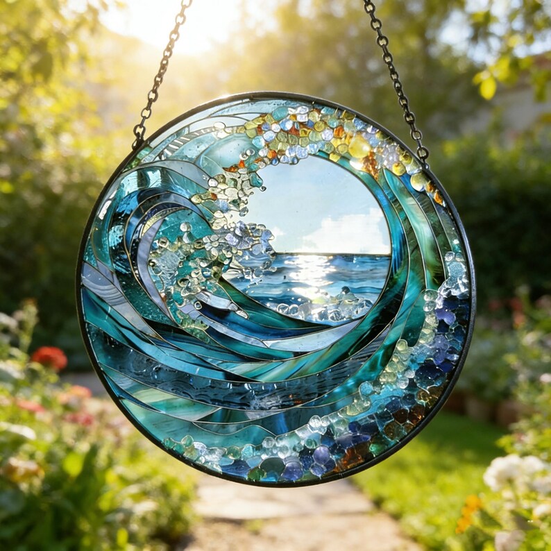 Handmade Ocean Wave Stained Glass Suncatcher, Coastal Beach Window ...