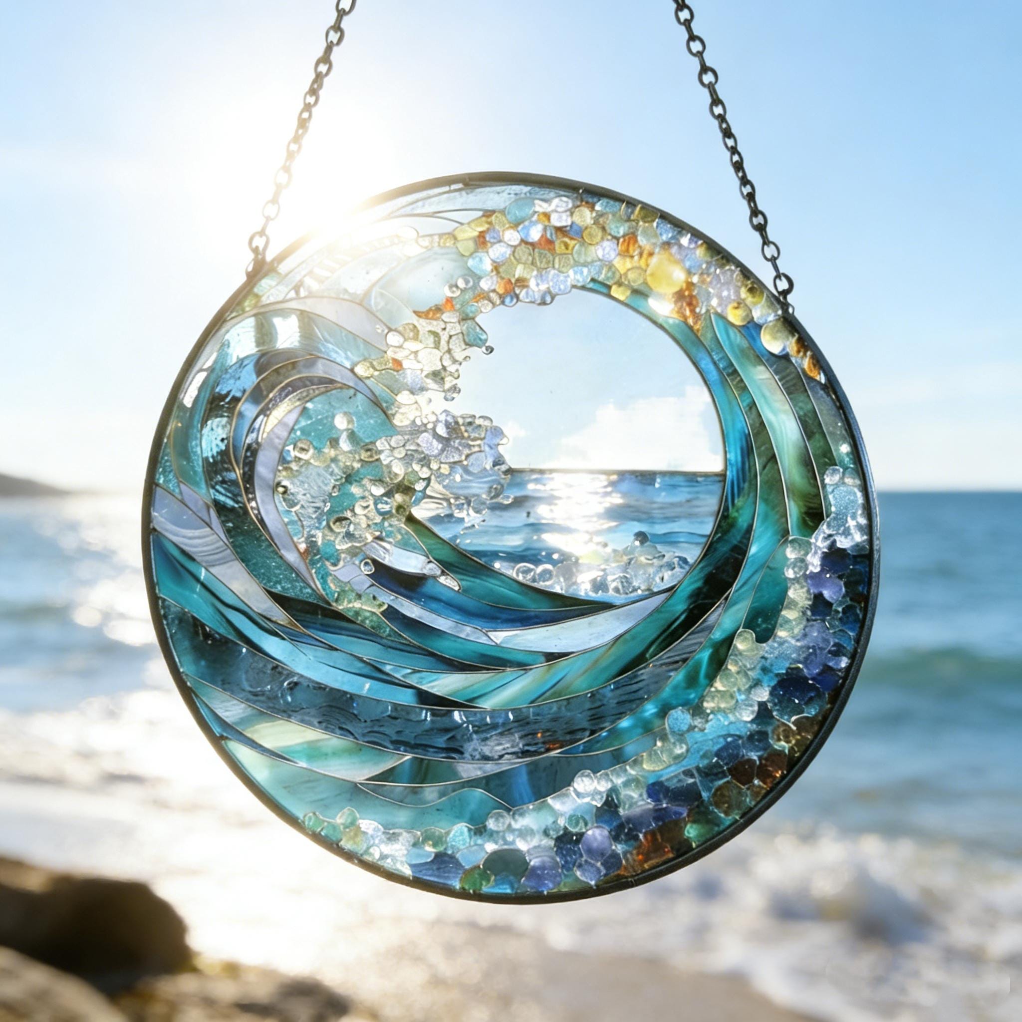 Handmade Ocean Wave Stained Glass Suncatcher, Coastal Beach Window ...