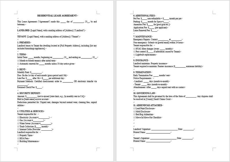 Editable Lease Agreement Template | Rental Contract for Landlords and ...