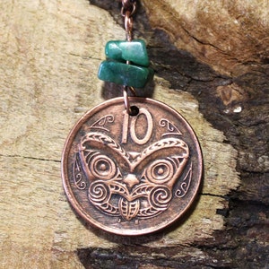 Maori Mask Coin Necklace - Malachite Gemstone Beads - New Zealand ...