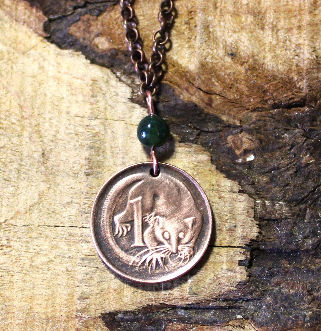 Small Possum Coin Necklace + Small Moss Agate Gemstone Bead - Australia ...