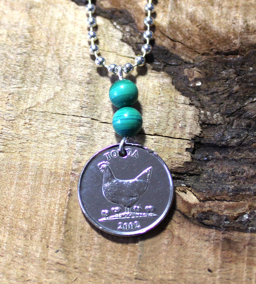 Hen & Chicks Coin Necklace + Malachite Gemstone Beads - Tonga - Charm ...