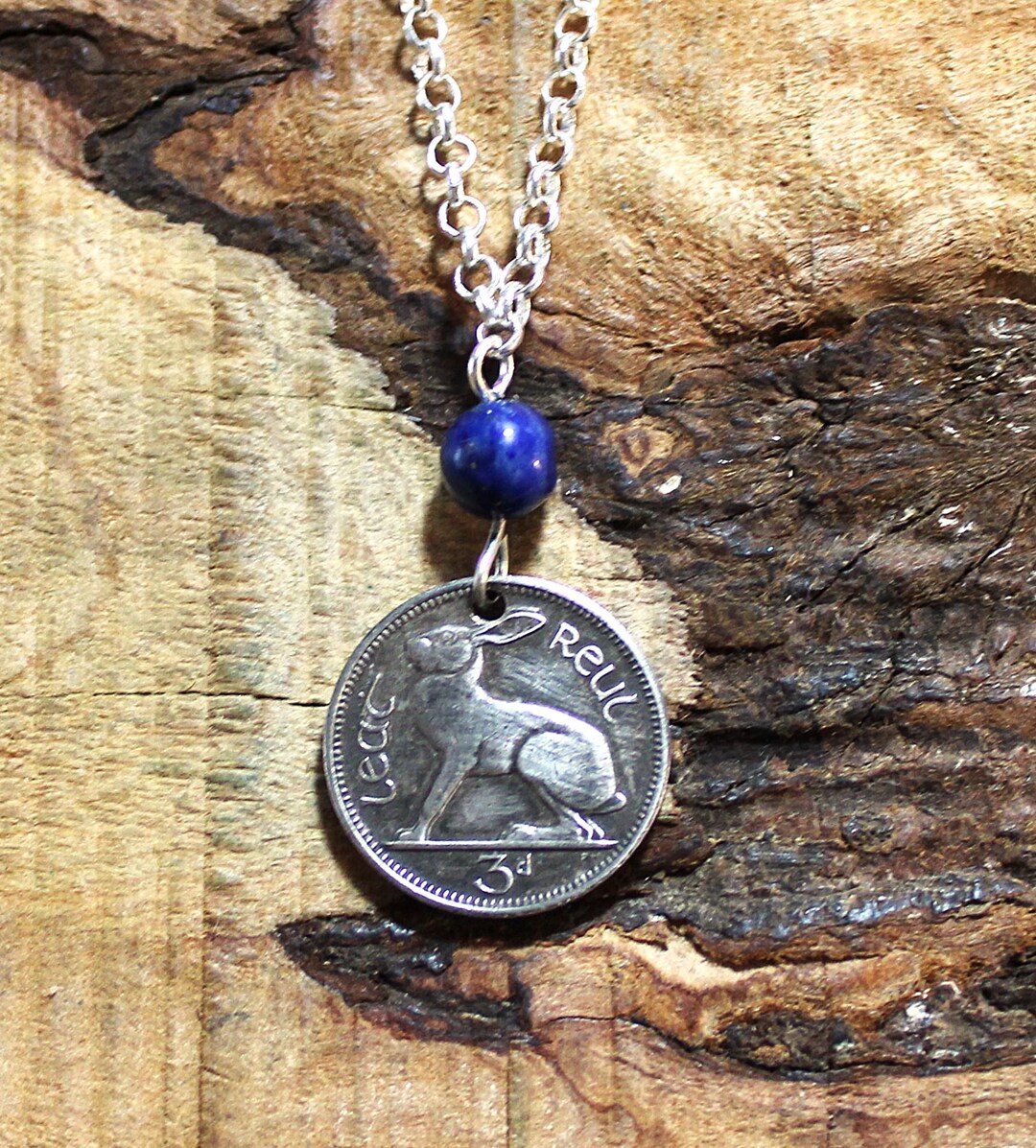 Irish Hare Coin Necklace + Chrysocolla Gemstone Bead - Ireland - Rabbit ...