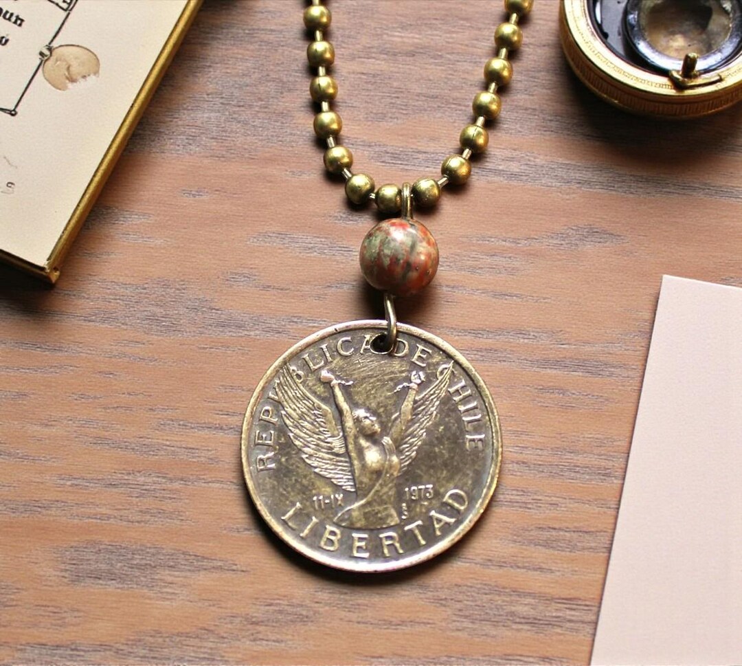 Chilena Coin Necklace + Unakite Gemstone Bead - Chile - Independence ...