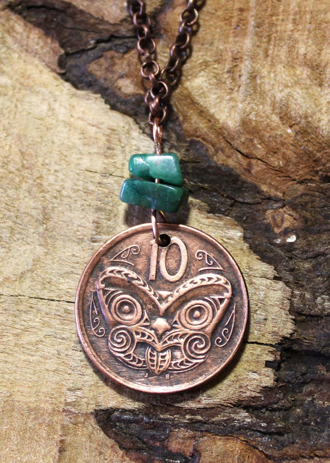 Maori Mask Coin Necklace - Malachite Gemstone Beads - New Zealand ...