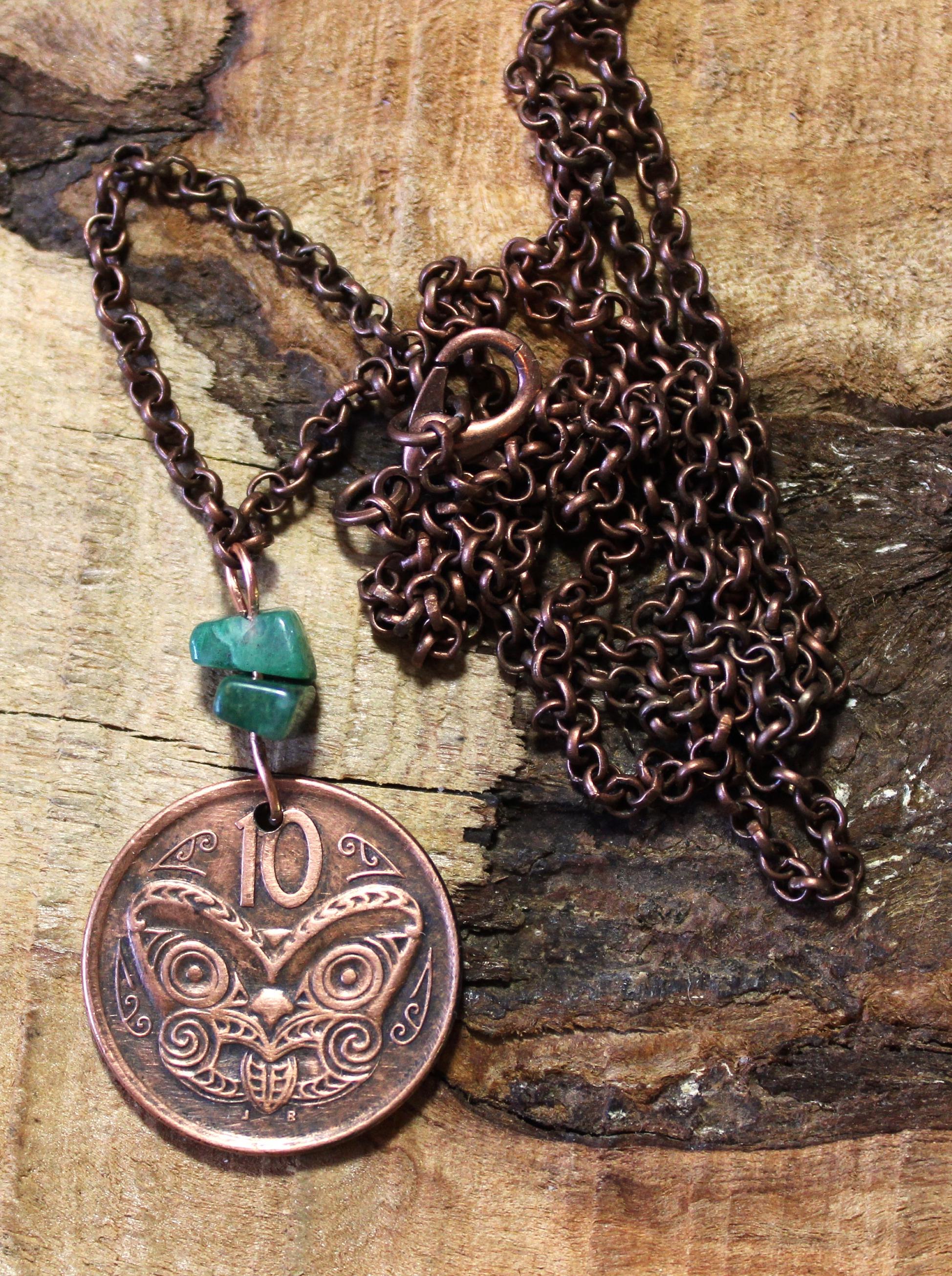 Maori Mask Coin Necklace - Malachite Gemstone Beads - New Zealand ...