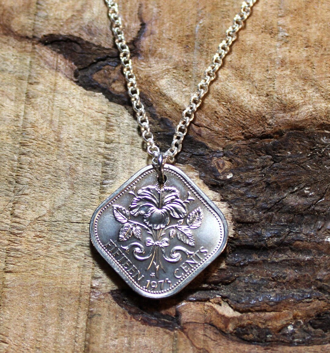 Hibiscus Coin Necklace - Bahama Islands - Floral - Botanical - 1973 # ...