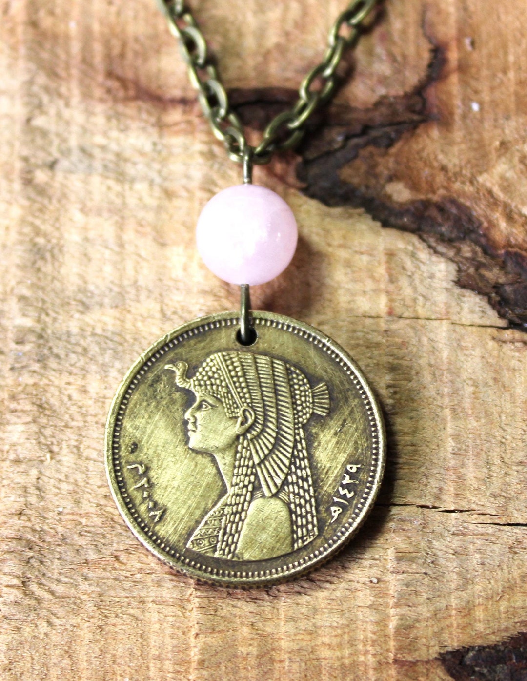 Queen Cleopatra Coin Necklace + Rose Quartz Gemstone Bead - Egypt ...
