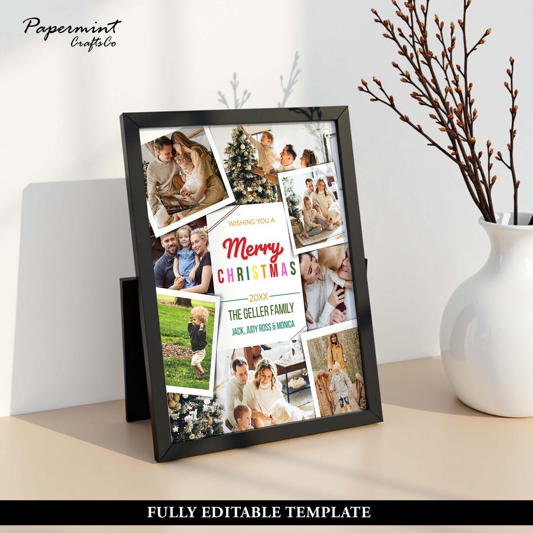 Christmas Photo Collage Card Template, Modern Multi Picture Holiday ...