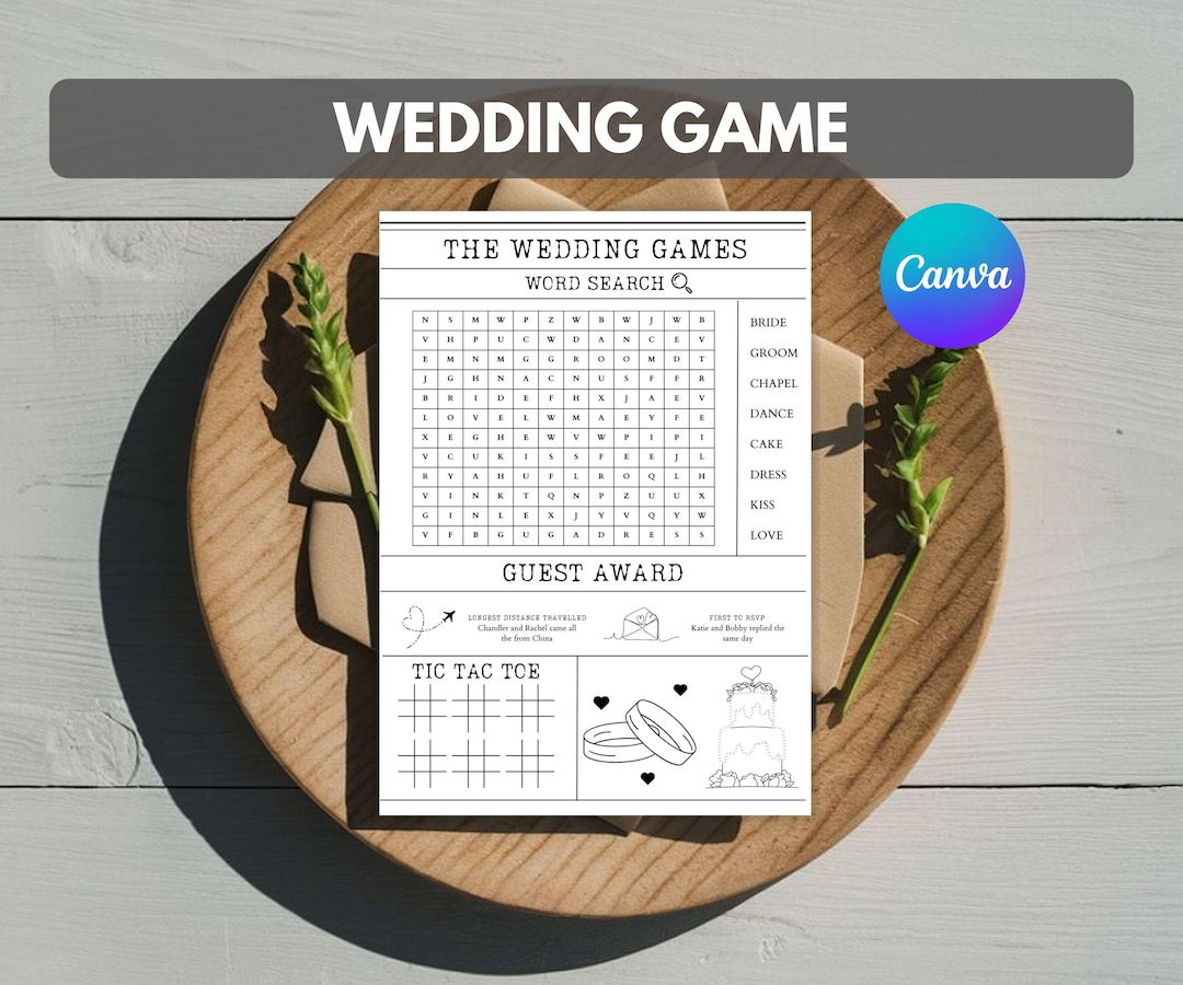 Wedding Games Printable Sign, Word Search Guest Award Tic Tac Toe ...
