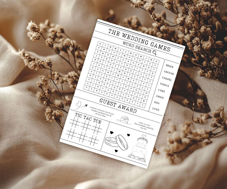 Wedding Games Printable Sign, Word Search Guest Award Tic Tac Toe ...