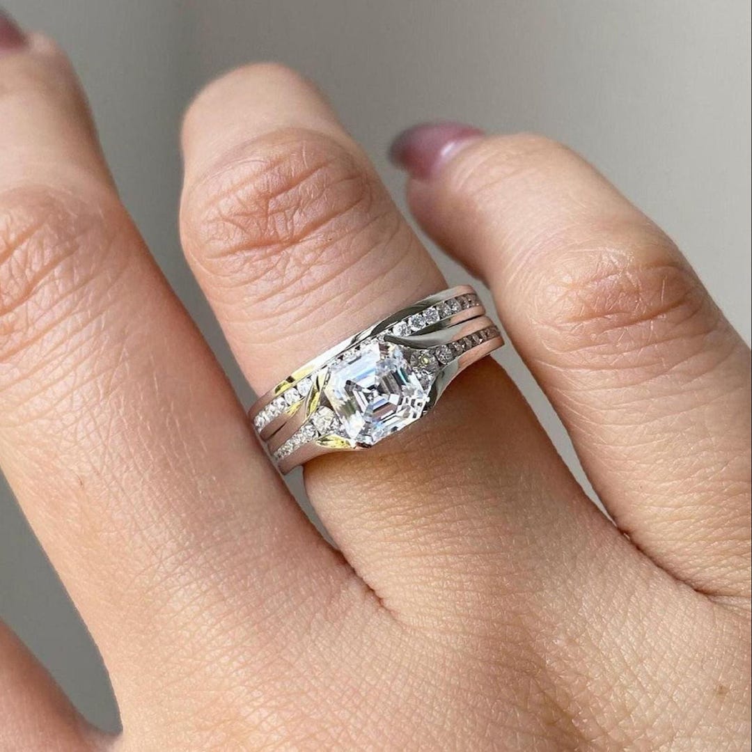 Conjunto de anillo de oro blanco con moissanita talla Asscher / Anillo ...