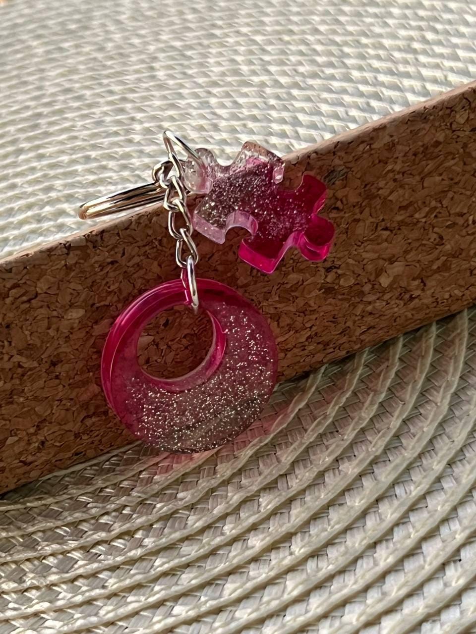 Pink Resin Keychain – Puzzle & Ring Charms – Transparent Glitter ...