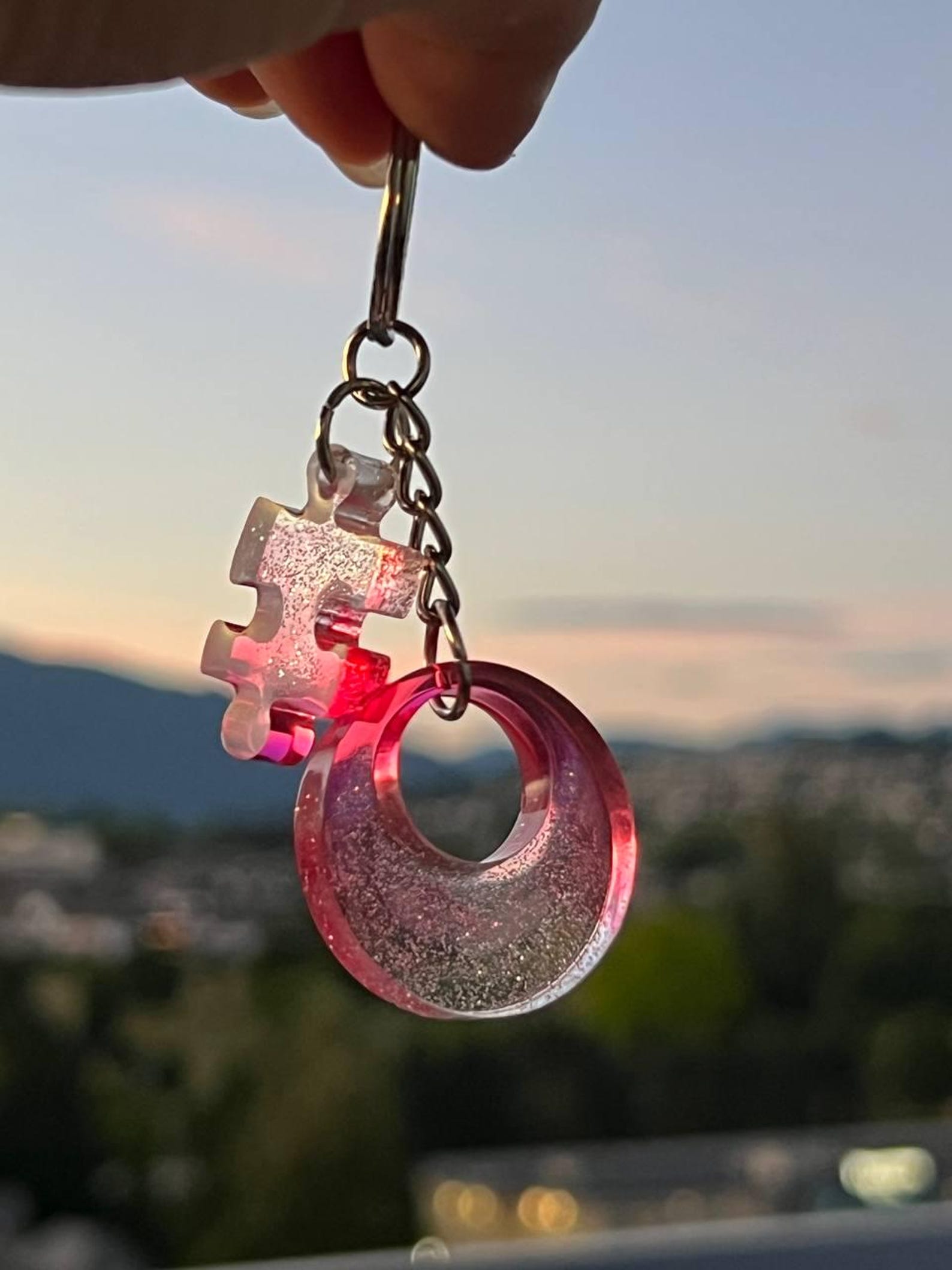 Pink Resin Keychain – Puzzle & Ring Charms – Transparent Glitter ...