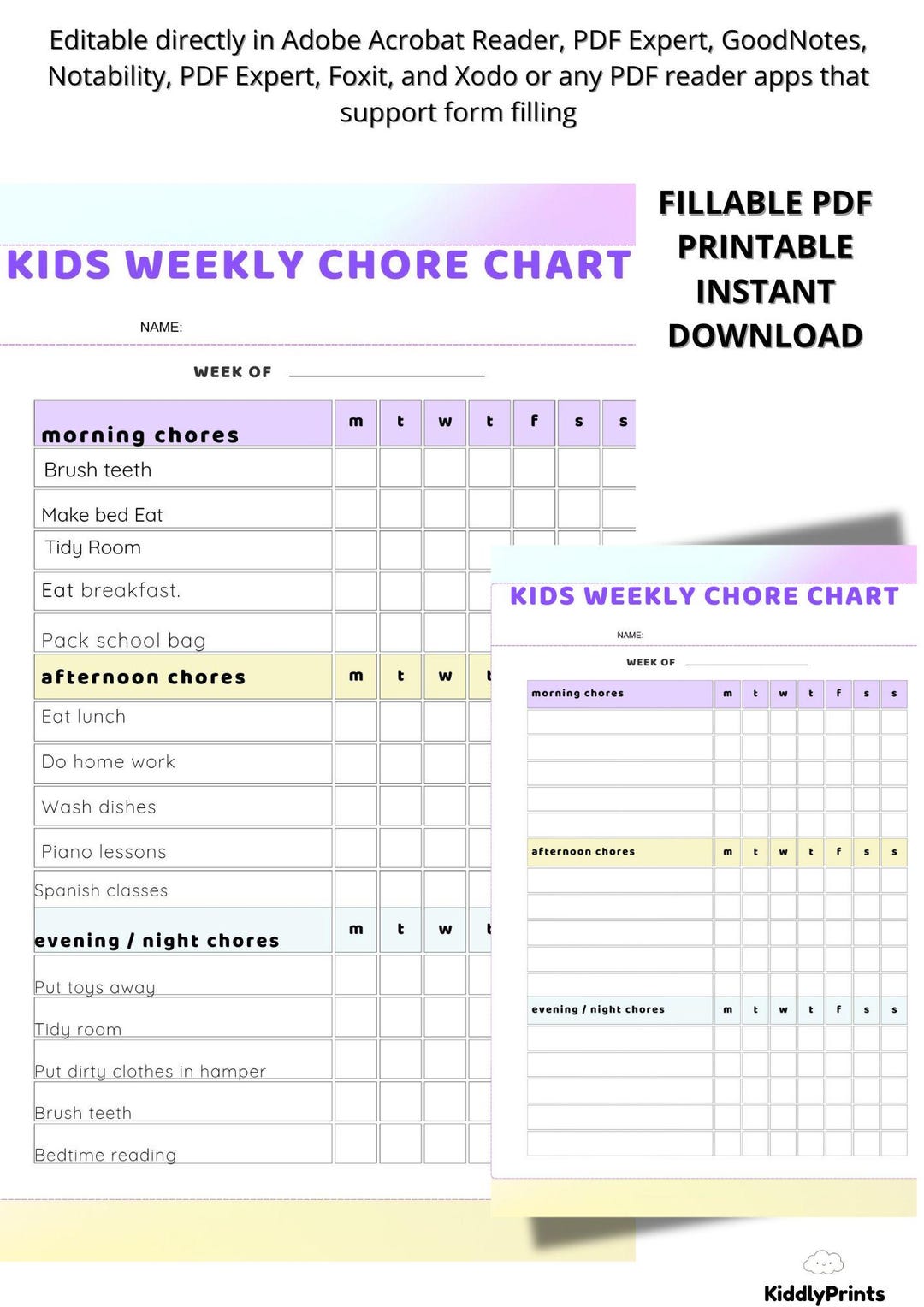 Kids Weekly Chore Chart: Fillable Family Schedule (editable PDF ...