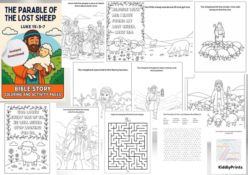 Lost Sheep Bible Story Coloring Pages: Christian Maze & Word Search ...