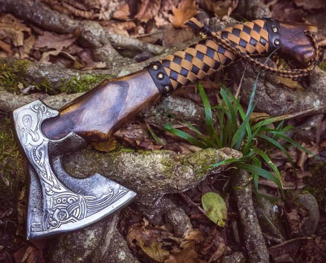 Custom Hand Forged Viking Axe With Rose Wood Shaft, Viking Bearded Axe ...