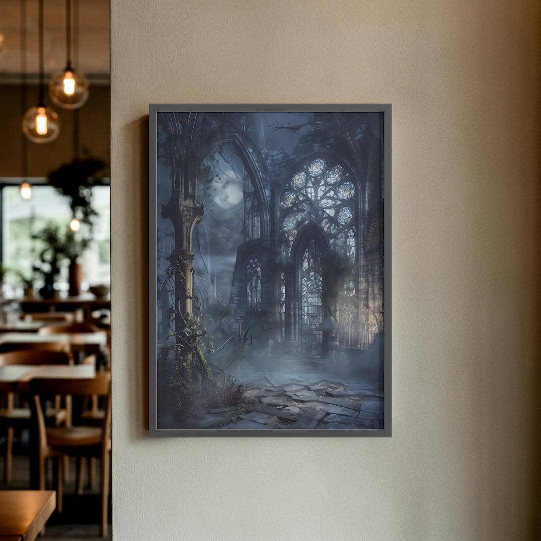 Gothic Cathedral Print: Moonlit Ruins, Stained Glass (digital Download ...