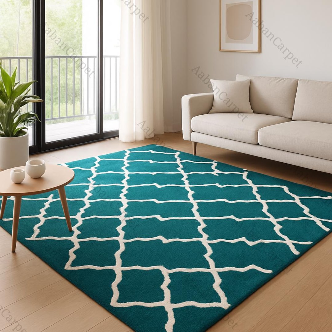 Modern Tufted Teal Geometric Area Rug – Handmade Wool With White ...