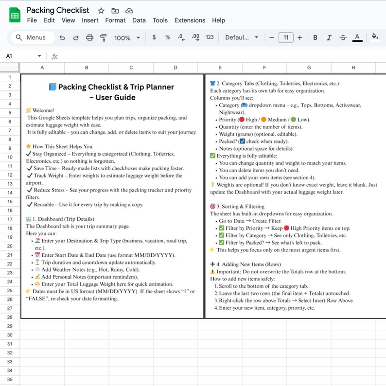 Packing Checklist Template Google Sheets | Editable Travel Checklist ...