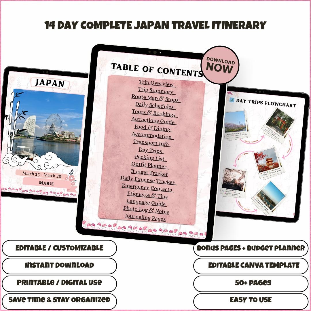 Japan Travel Itinerary Template | Editable Canva Travel Planner | 14 ...