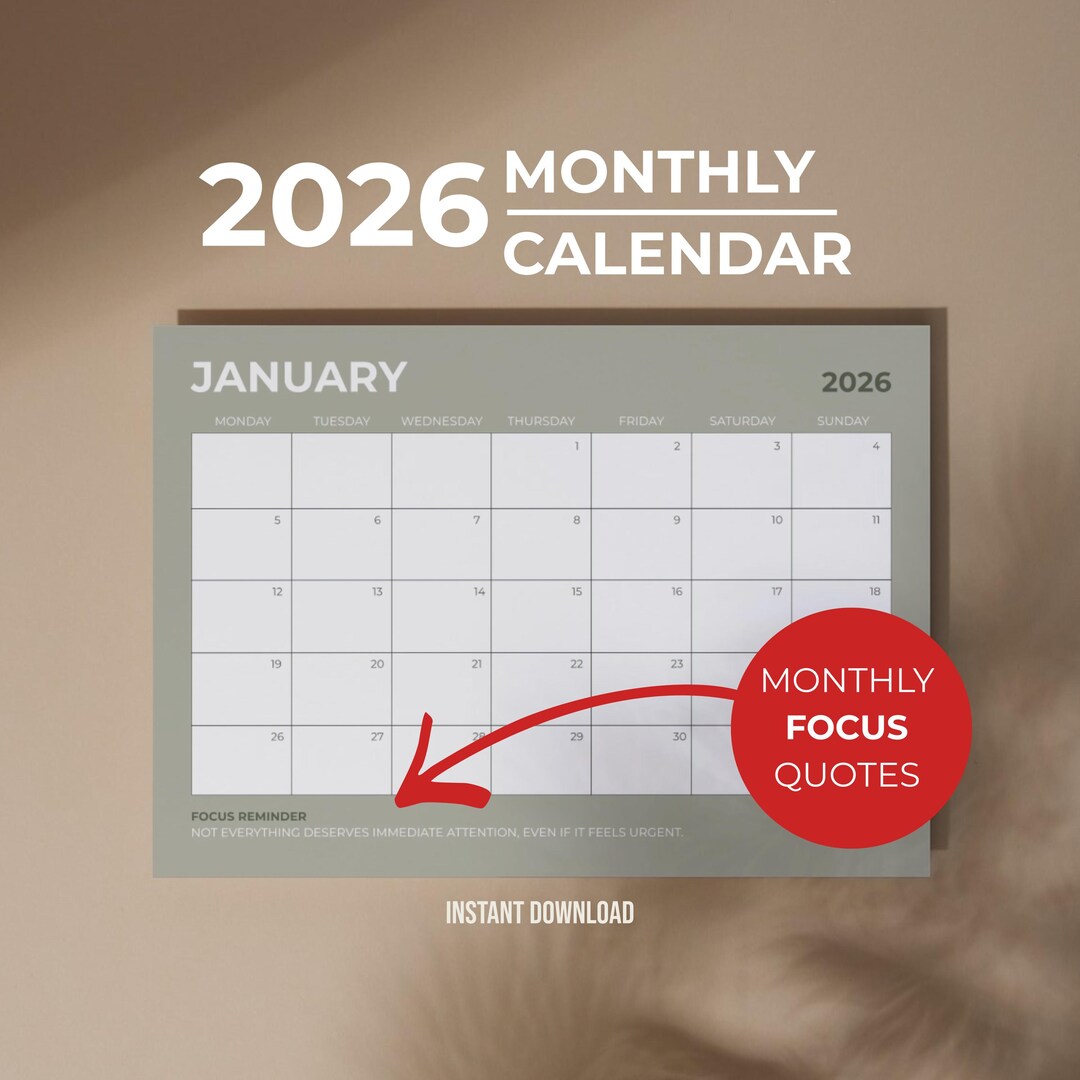 2026 Monthly Calendar | 12 Month-calendar | Motivational Focus ...