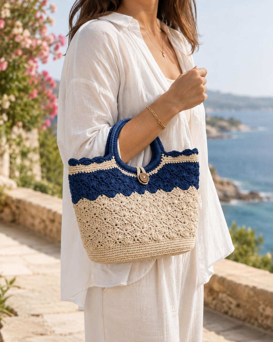 Seaside Shell Tote Häkelanleitung, cremefarbene Sommer-Handtasche mit ...