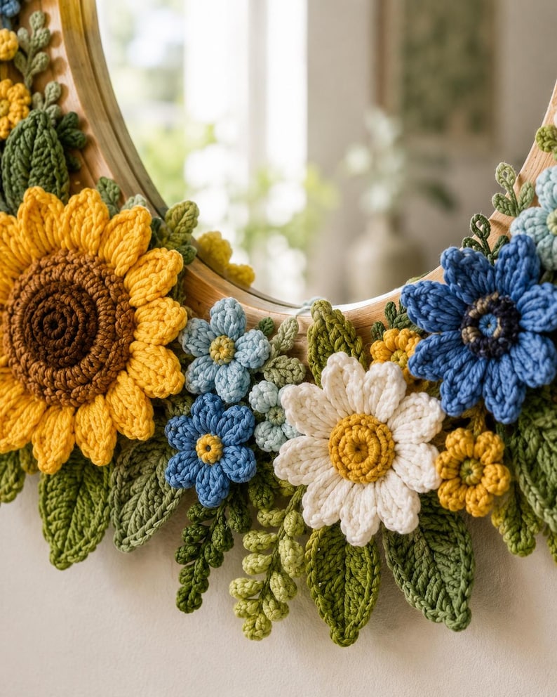 Floral Mirror Wreath Crochet Pattern PDF, Sunflower Daisy Wall Decor ...