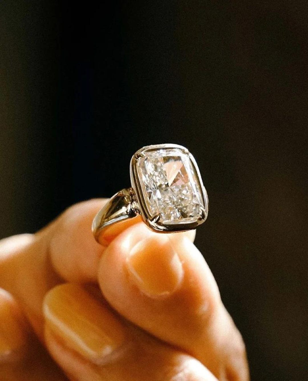 Radiant Cut Moissanite Engagement Ring, 14K Yellow Gold Bezel Solitaire ...