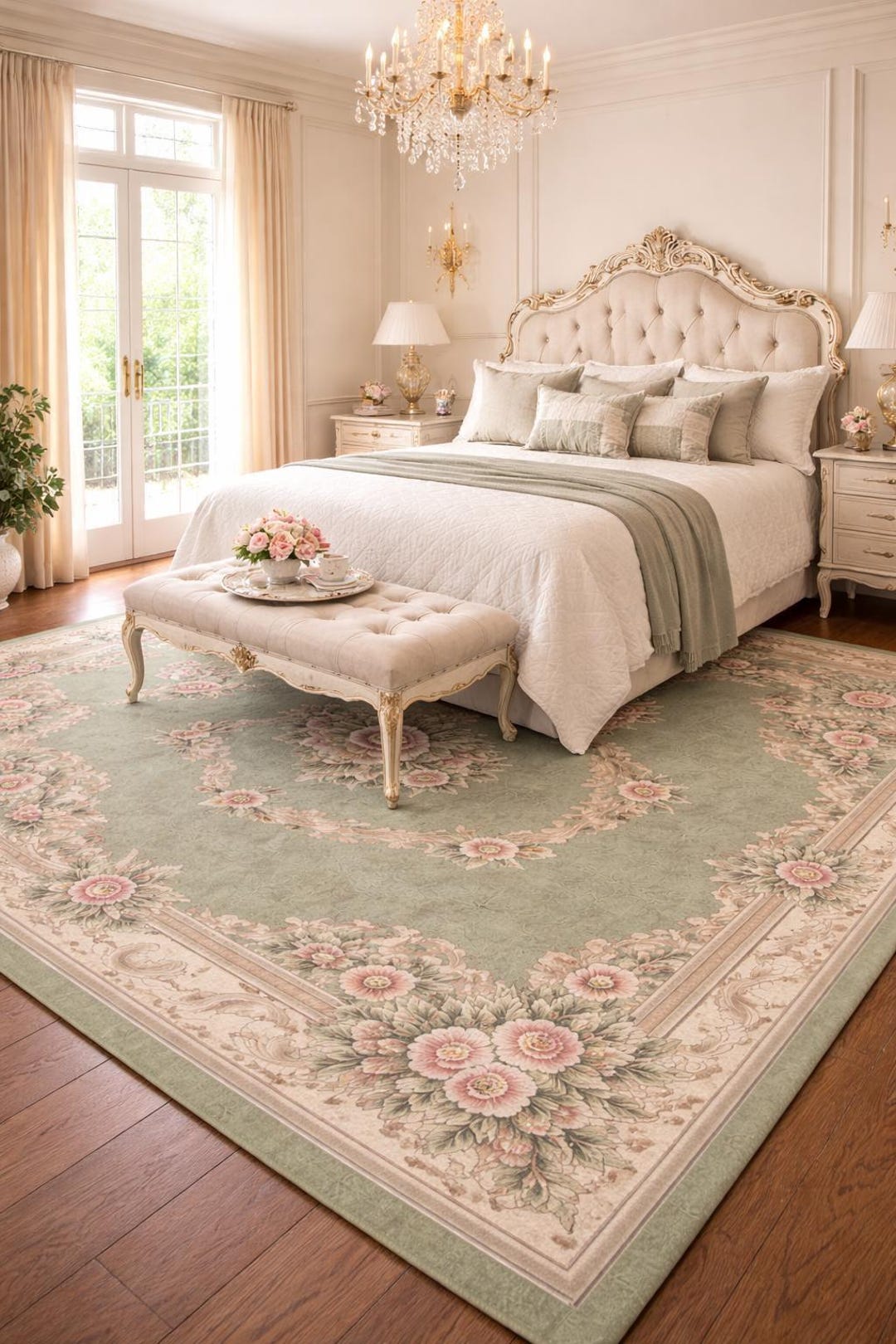Living Room Rug, Hand Tufted Vintage Area Rug in Green, French Style ...