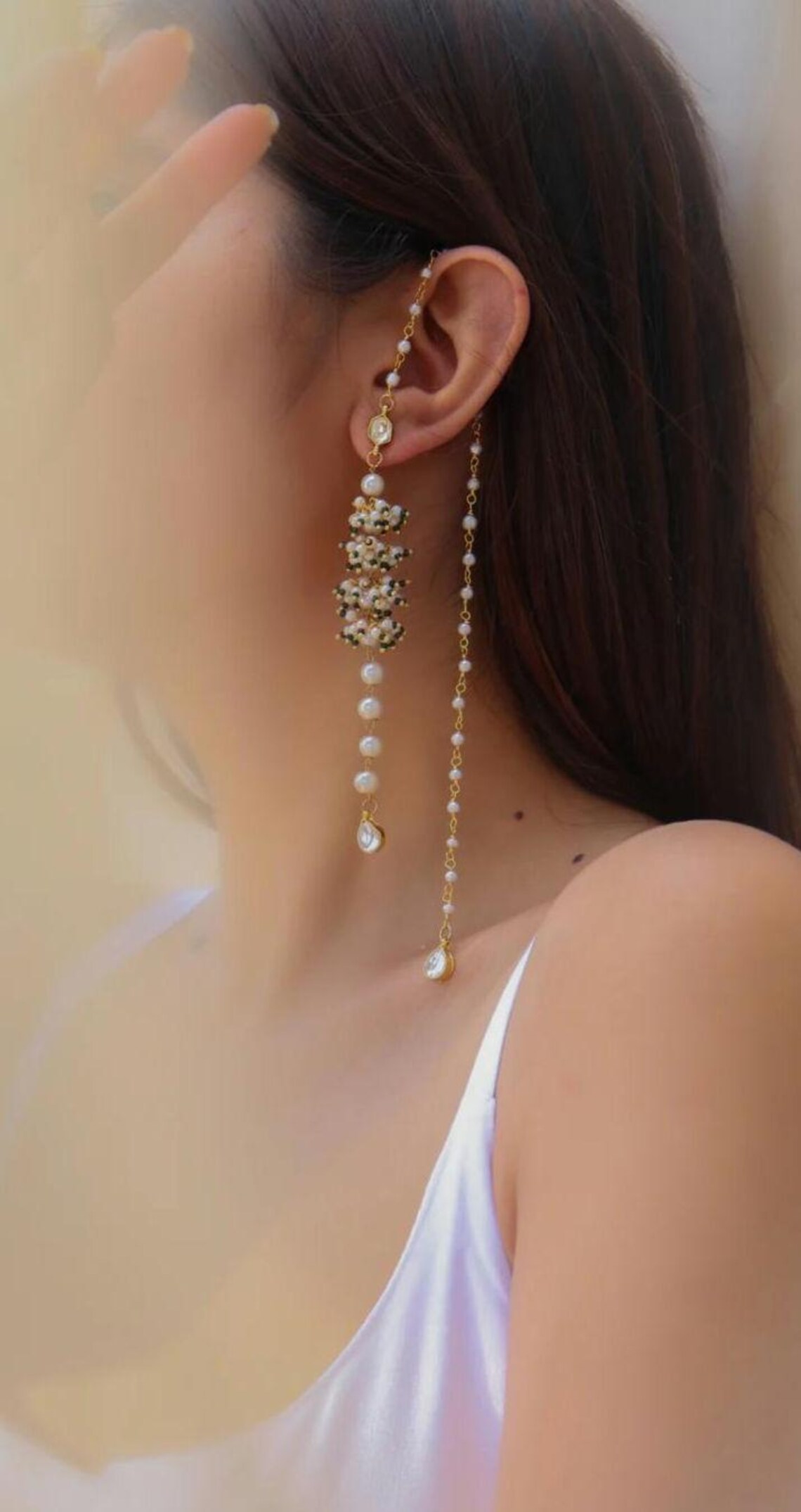 ASHI Traditional Kaan Chain Earring With Hanging Pearl Strings, Kundan ...