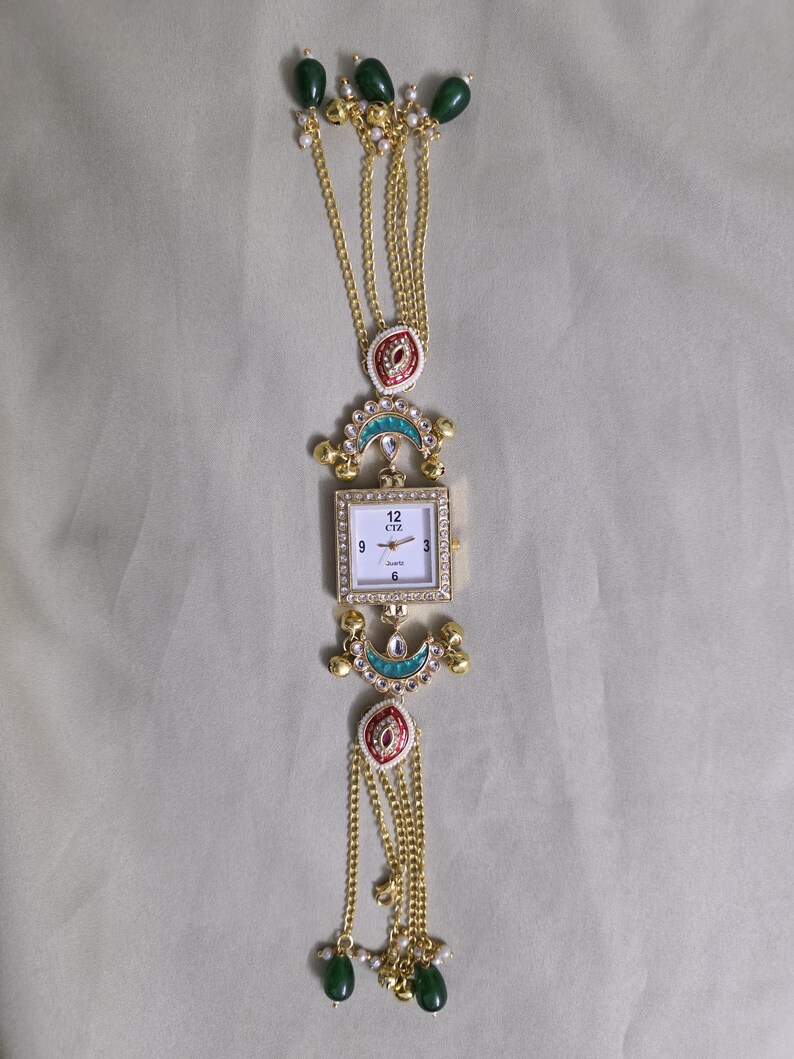 Gold Plated Square Watch Bracelet – Meenakari Hand Chain With Green ...