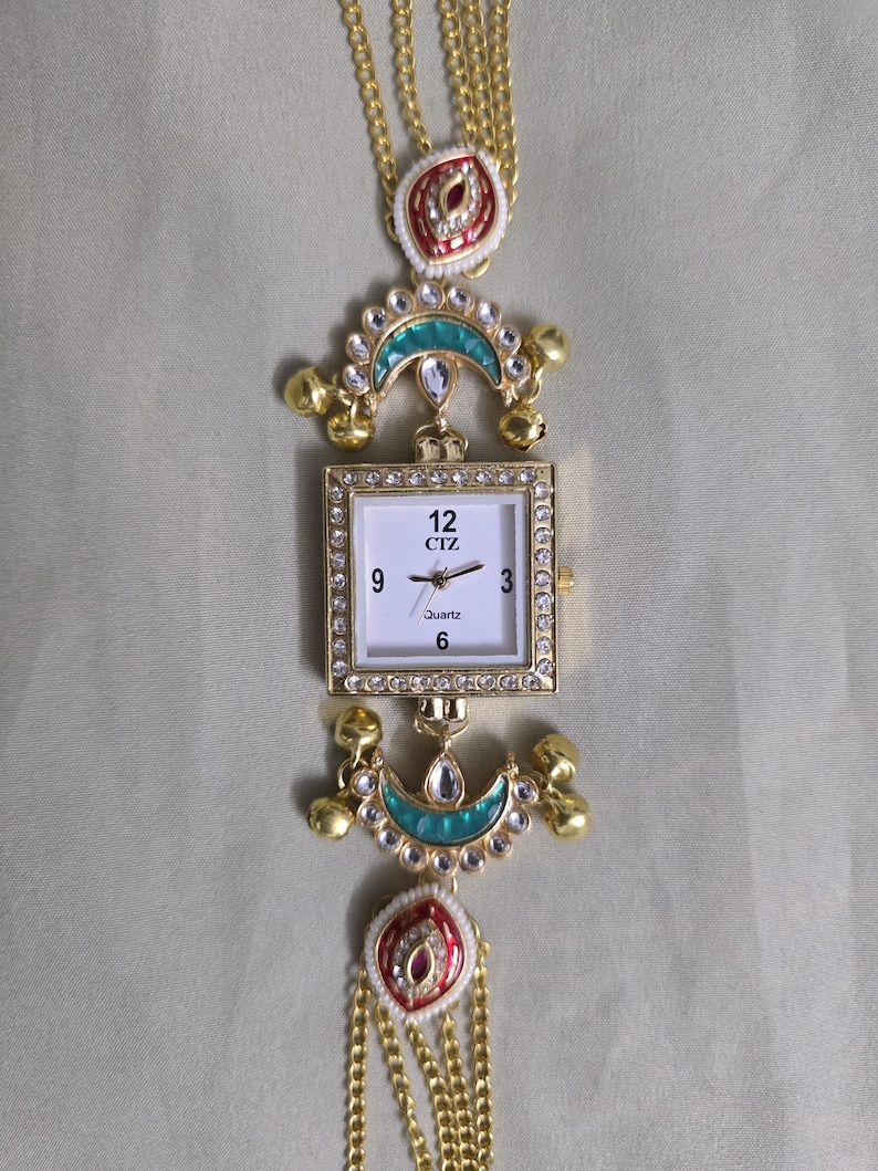 Gold Plated Square Watch Bracelet – Meenakari Hand Chain With Green ...