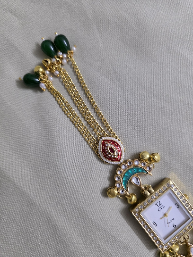 Gold Plated Square Watch Bracelet – Meenakari Hand Chain With Green ...