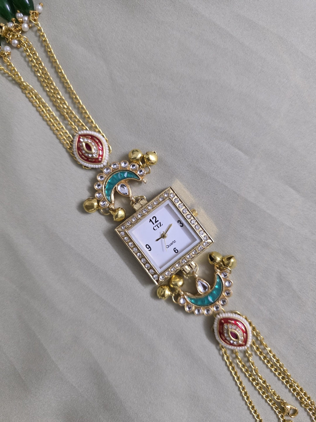 Gold Plated Square Watch Bracelet – Meenakari Hand Chain With Green ...