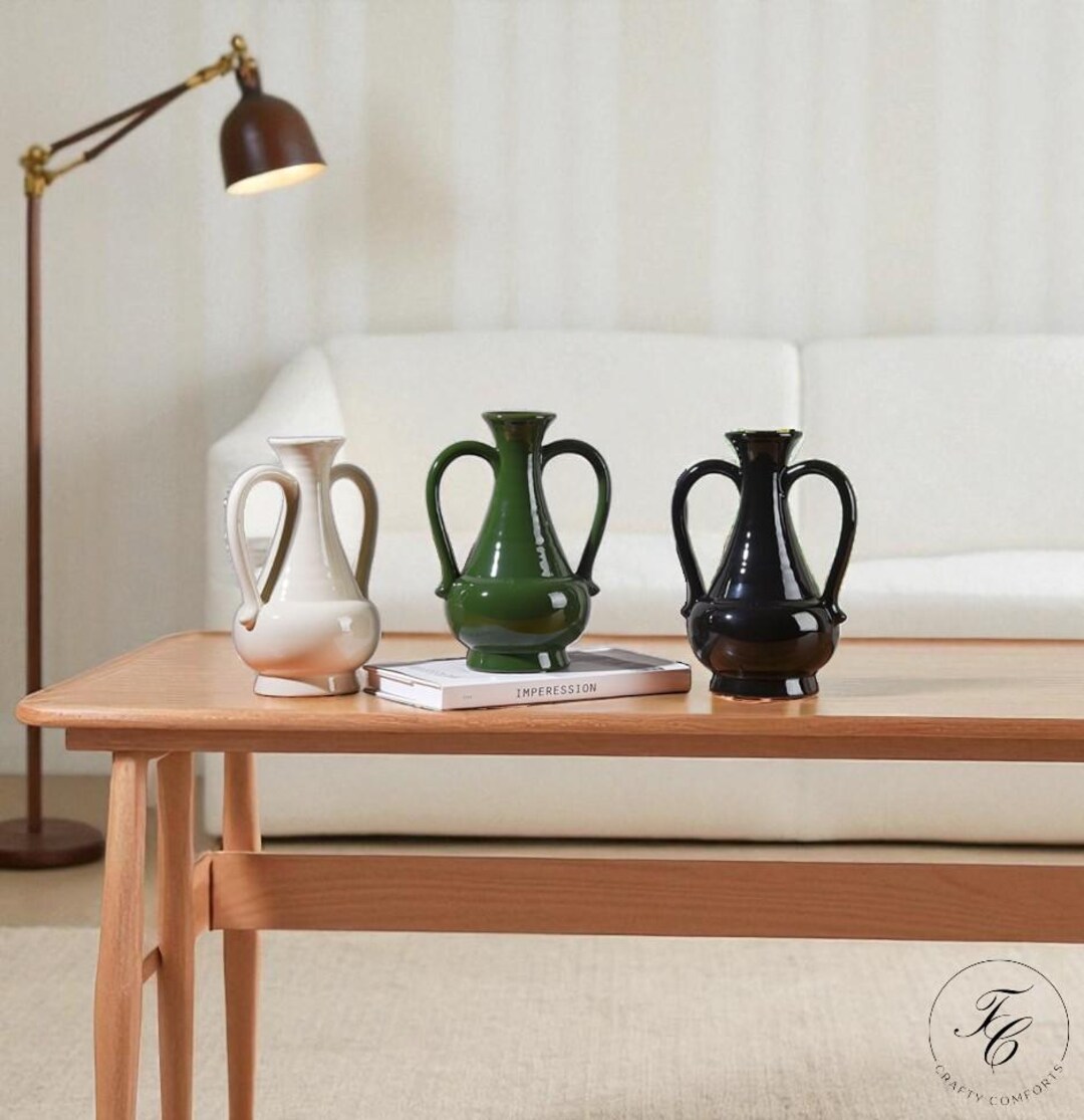 Curved Handle Ceramic Vase | Vintage-inspired Home Decor | Glossy Black ...