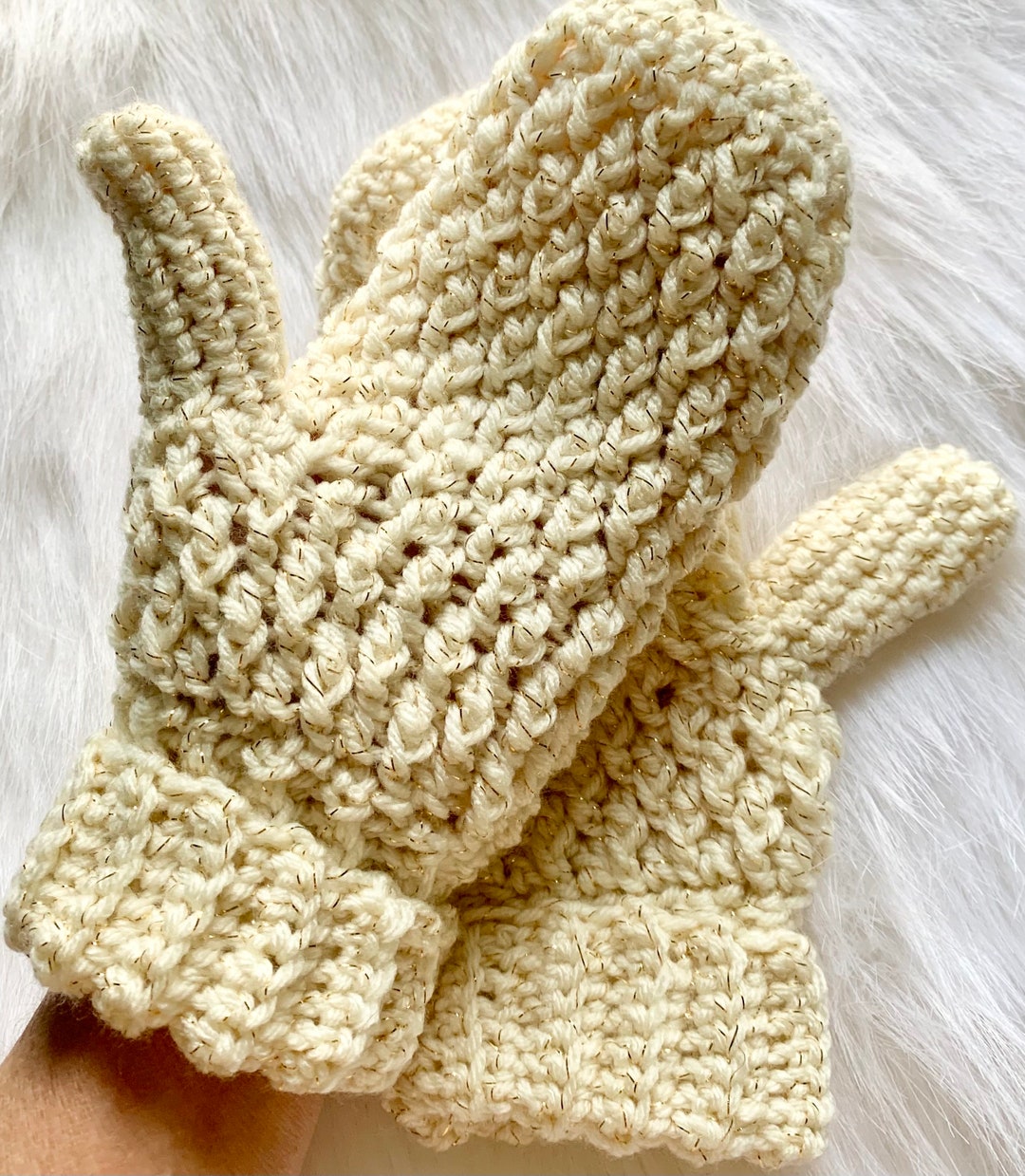 Warm Cozy Cottage Ivory and Gold Sparkle Crochet Mittens - Etsy