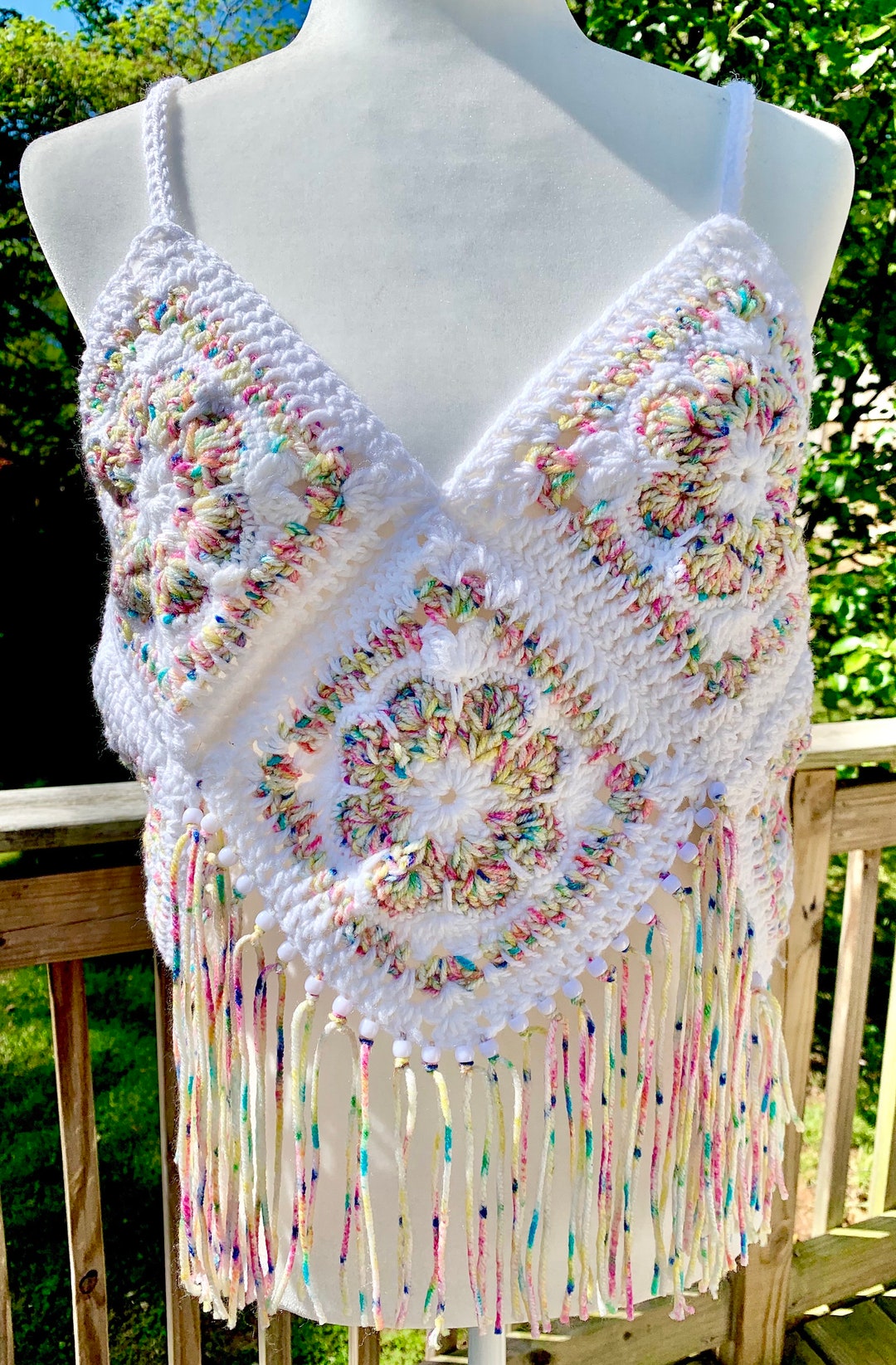 Summer Sprinkles Crochet Beaded Fringe African Flower Crop Top Size ...