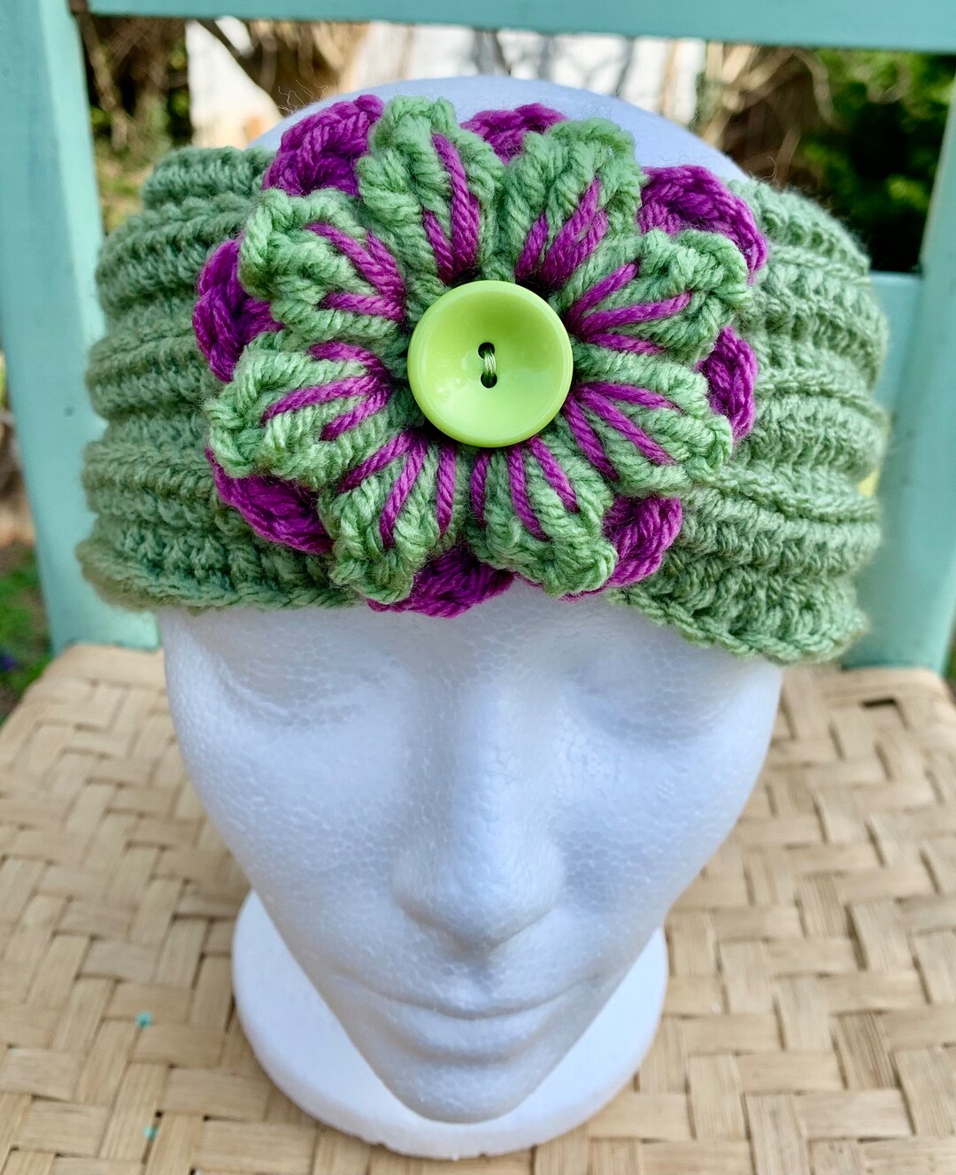 Crochet Headband: Fern Green & Raspberry Flower, Button Center - Etsy